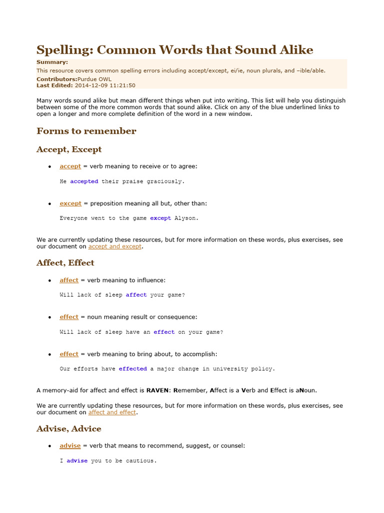 Spelling Common Words That Sound Alike | PDF | Noun | Verb