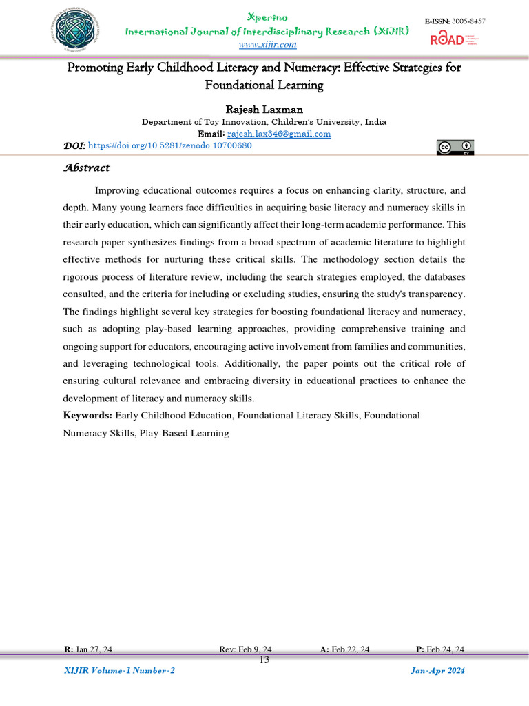 XIJIR102 Promoting Early Childhood Literacy by Rajesh L | PDF | Literacy | Learning