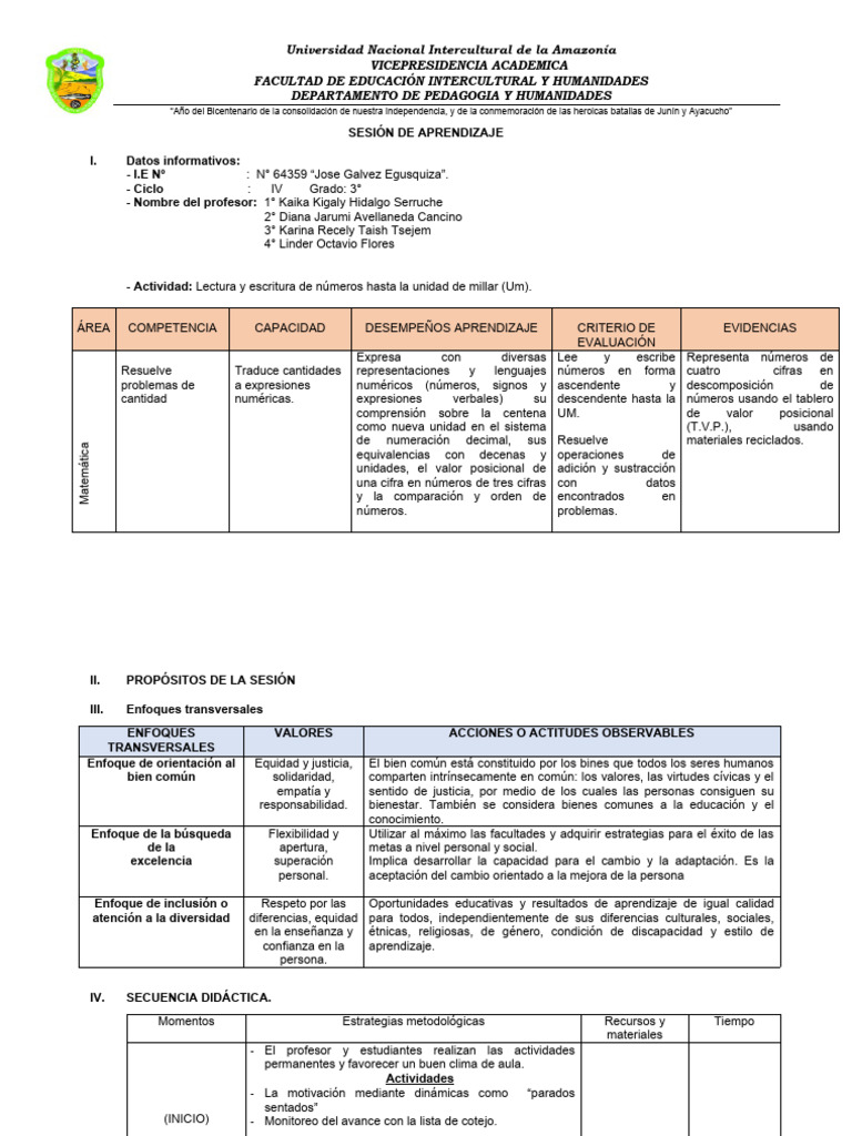 SESIÓN DE APRENDIZAJE MATEMÁTICA - LECTURA Y ESCRITURA U M. Actual | PDF | Inclusión (Educación ...