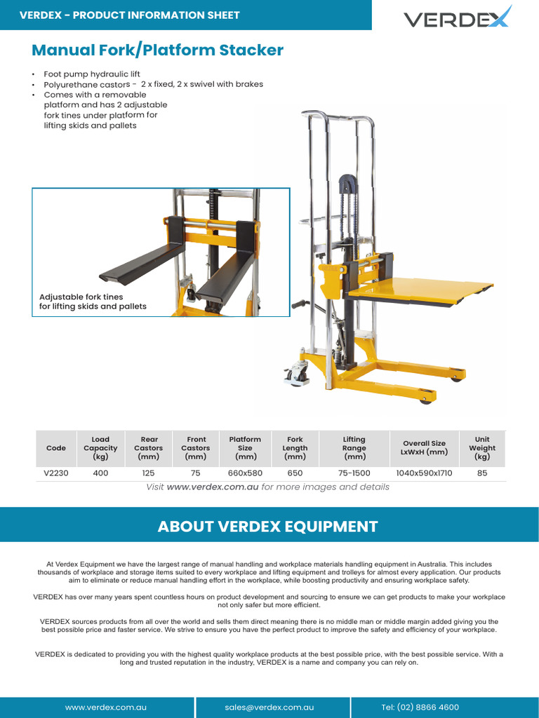 Manual Fork/Platform Stacker: About Verdex Equipment | PDF | Technology ...