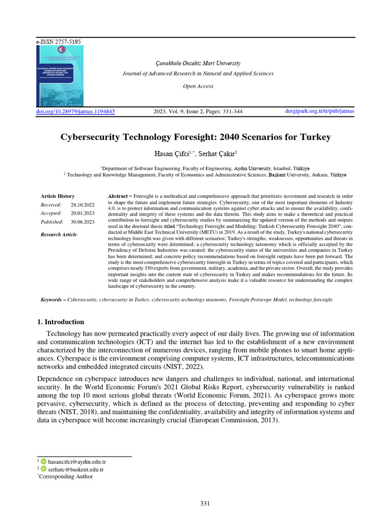 Cybersecurity Technology Foresight 2040 Scenarios For Turkey | PDF | Computer Security | Security