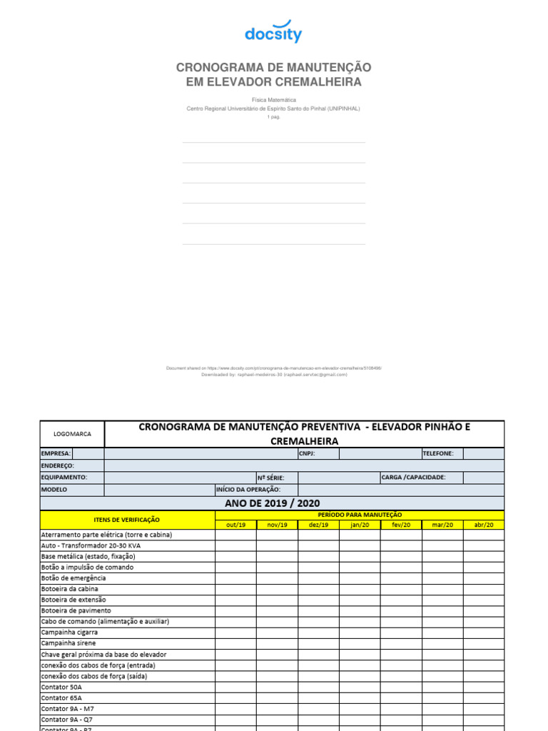 Docsity Cronograma de Manutencao em Elevador Cremalheira | PDF Docsity Cronograma de Manutencao em Elevador Cremalheira | PDF