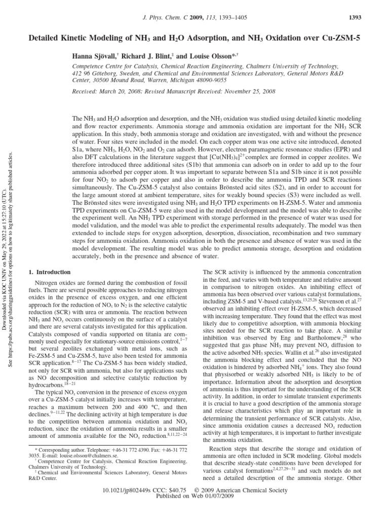 Detailed Kinetic Modeling of NH and H O Adsorption, and NH Oxidation Over Cu-ZSM-5 | PDF ...