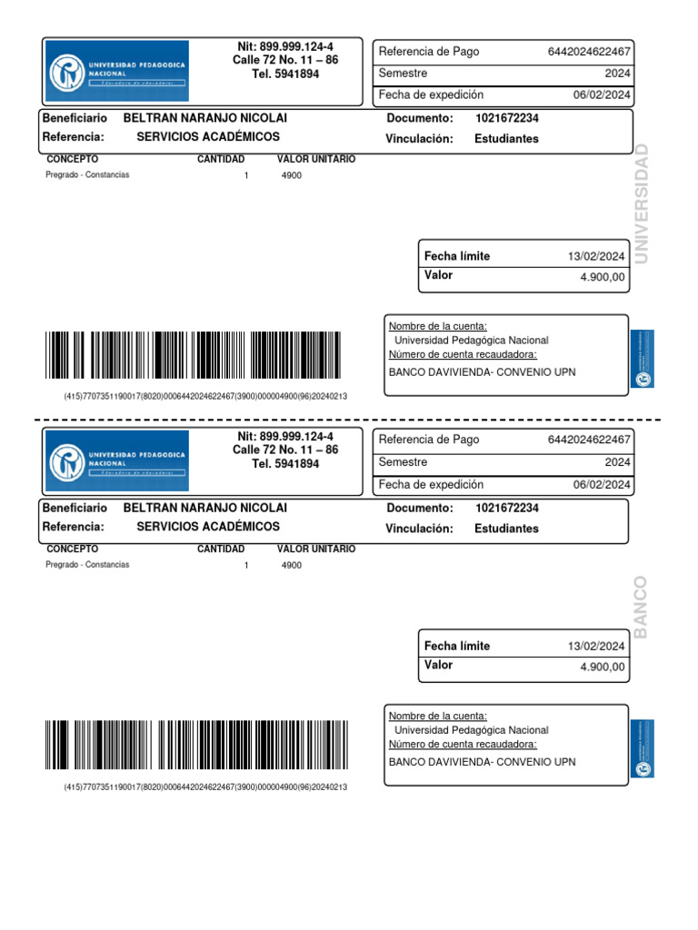 Pago Constancia Pregrado UPN 2024 | PDF