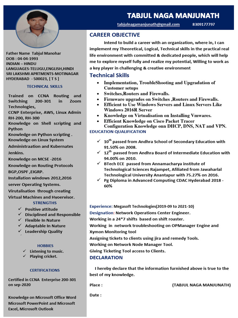 Tabjul - Manju Resume | PDF | Computer Network | Cisco Certifications