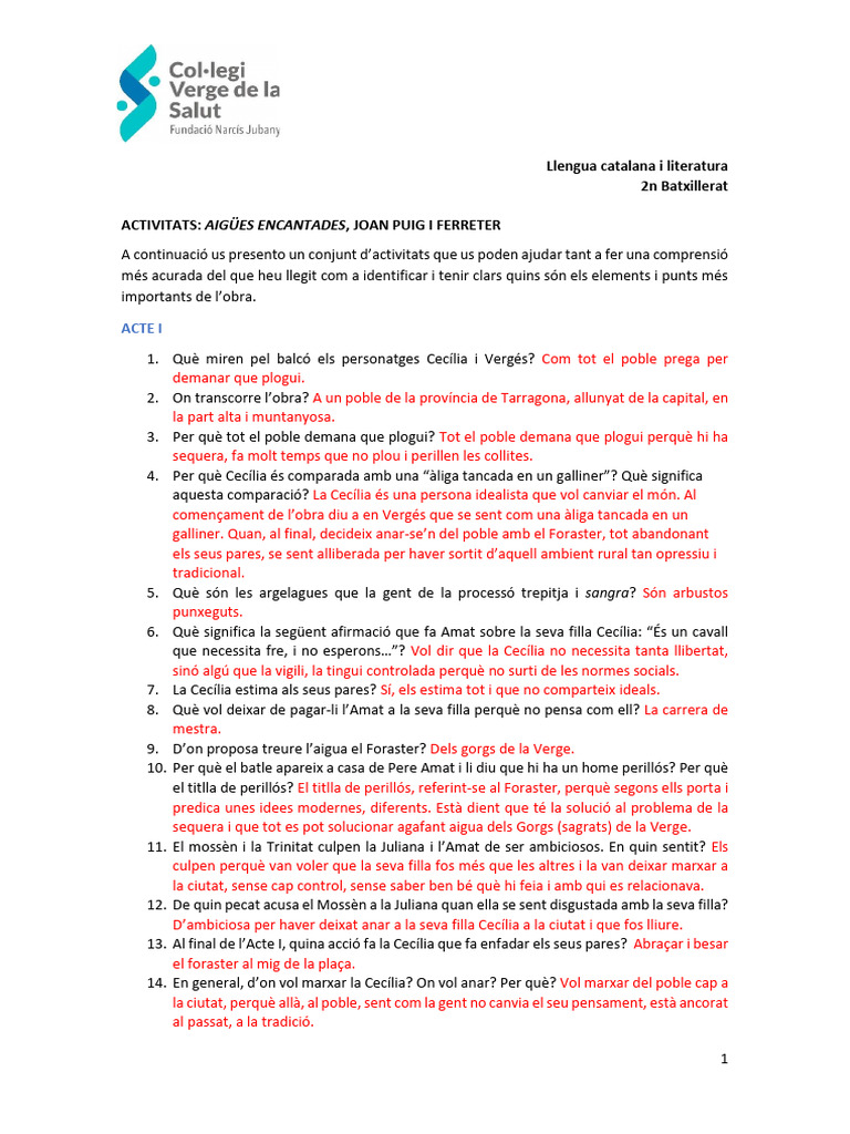 Activitats Aigües Encantades - Solucionari | PDF