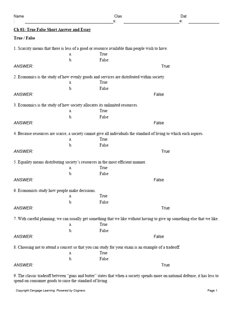 CH 01 True False Short Answer and Essay | PDF | Economics | Market ...