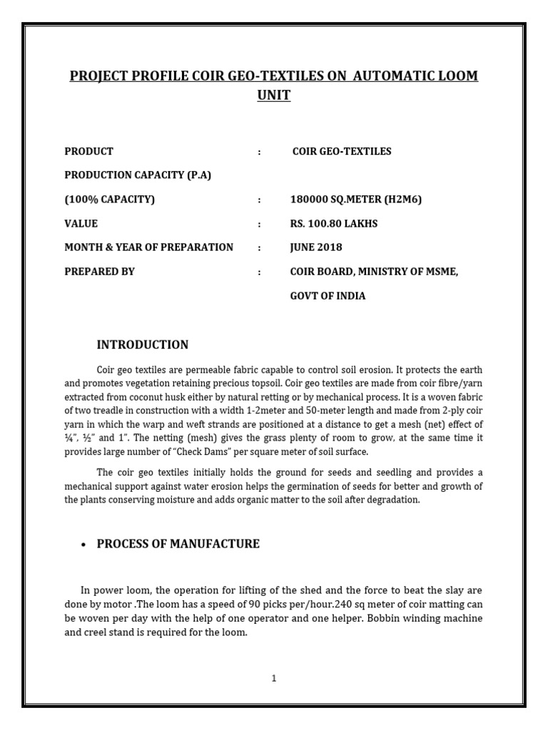 Project Profile For Coir Geo Textiles Automatic Loom Unit | PDF | Loom ...