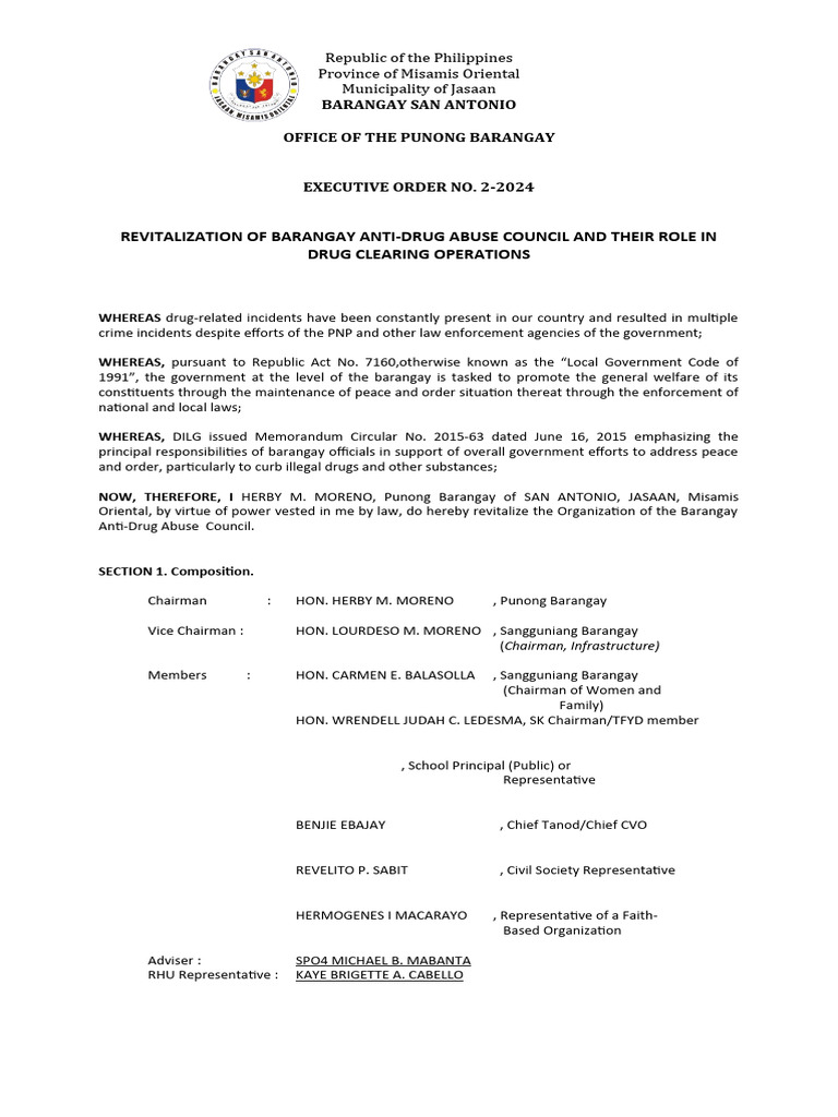 Barangay San Antonio - Eo 2 - 2024 - Revitalization of Barangay Anti ...