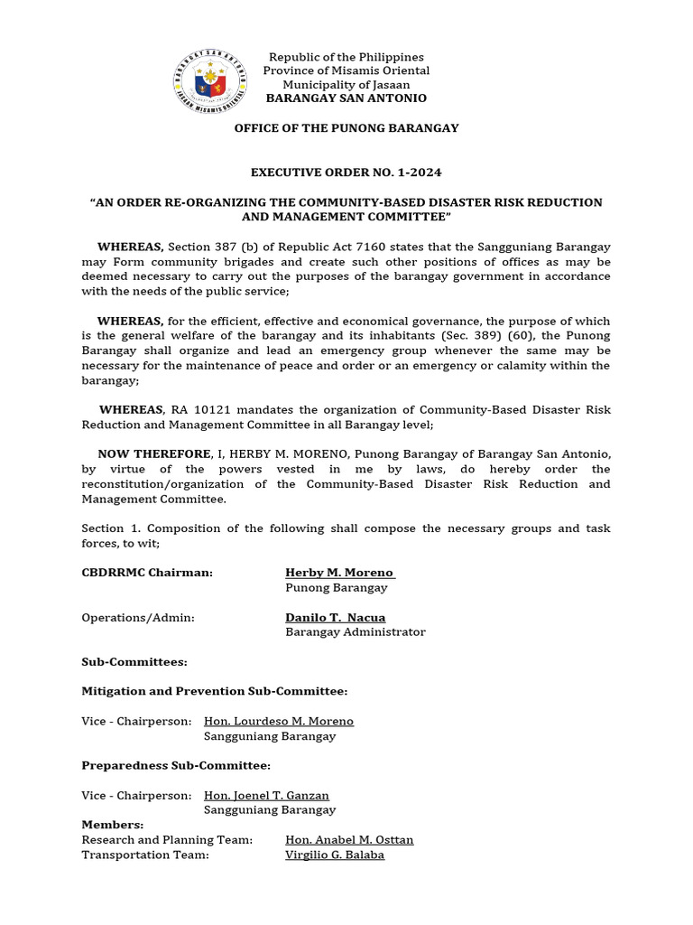 Barangay San Antonio - Eo 1 - 2024 - Creating The Barangay Disaster ...
