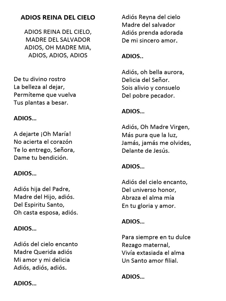 Canciones A La Virgen Adios Reina Del Cielo | PDF | María, madre de ...