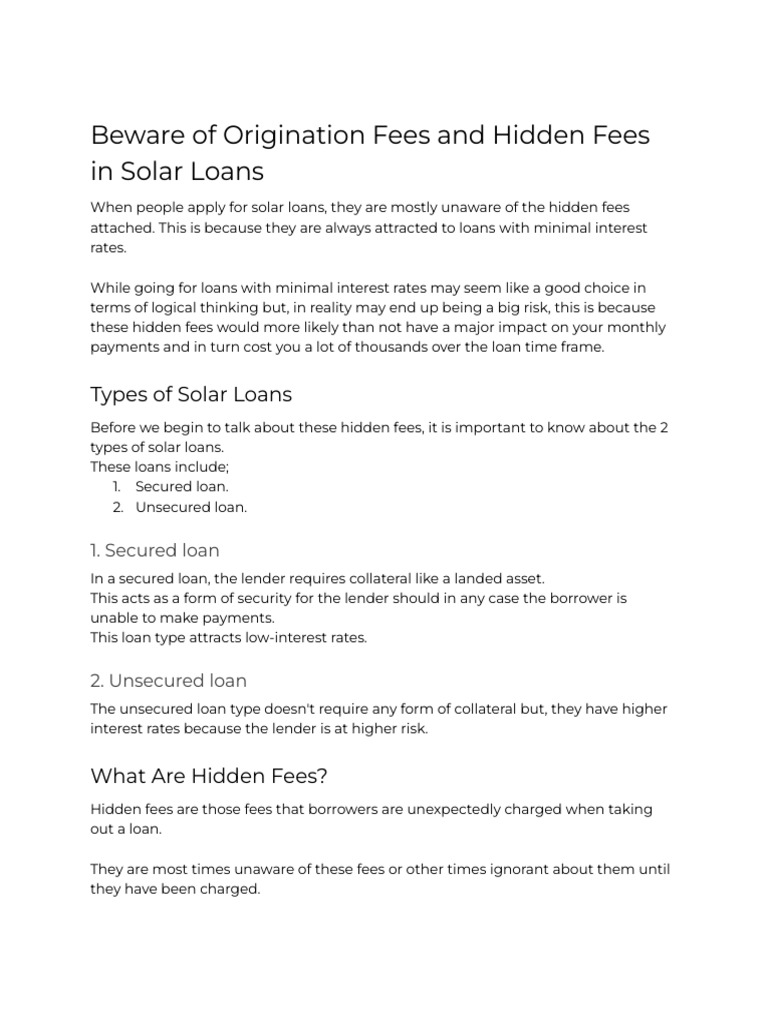 Beware, Origination Fees and Other Hidden Fees in A Solar Loan | PDF ...