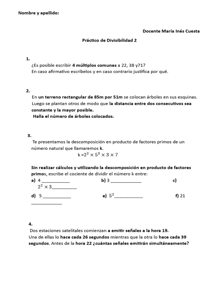 Ejercicios de Divisibilidad y Factores Primos | PDF