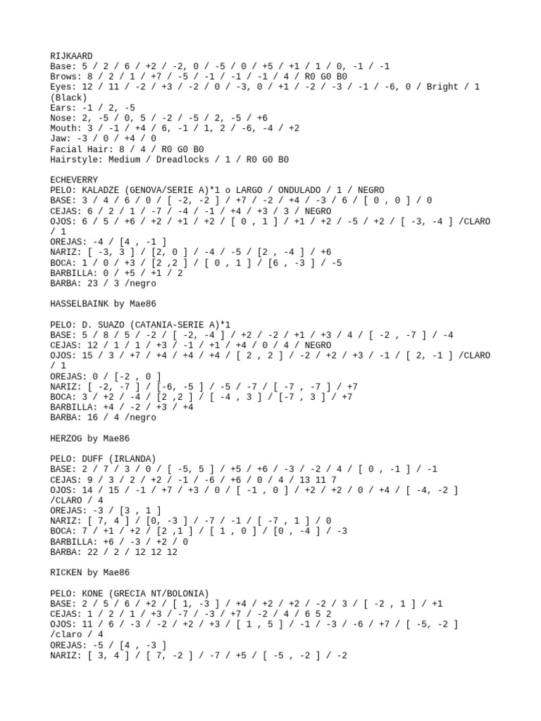 Pes 2013 Face Formulas | PDF | Hairstyle | Physical Attractiveness
