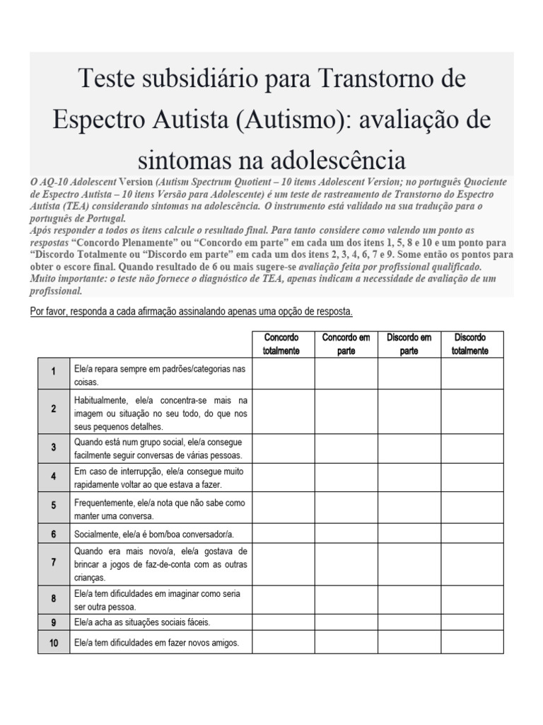 Escala Autismo - AQ-10-Adolescentes | PDF