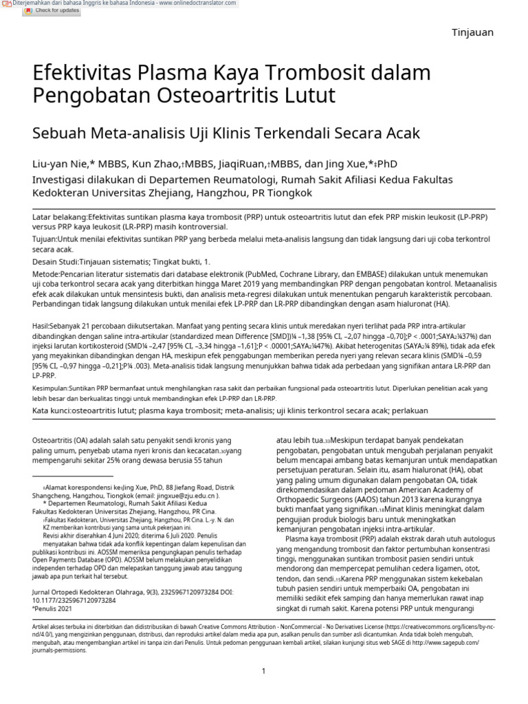 Nie Et Al 2021 Effectiveness of Platelet Rich Plasma in The Treatment ...