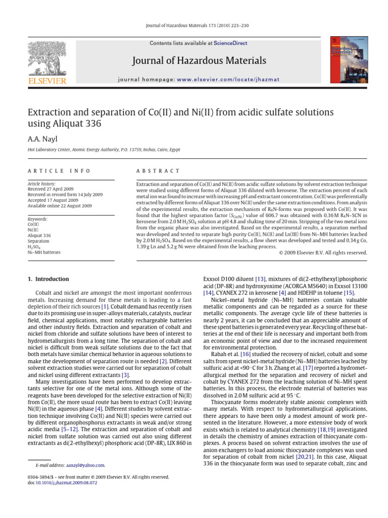 Extraction and Separation of Co (II) and Ni (II) From Acidic Sulfate ...