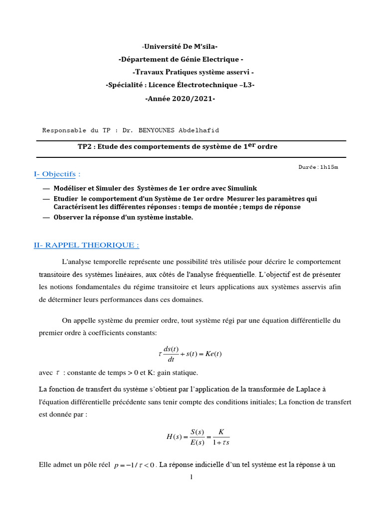 TP N°02 - Etude Du Comportements D'un Système Du 1er Ordre | PDF