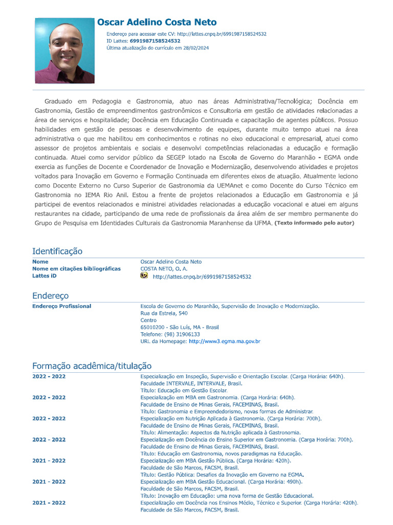 Currículo Lattes - Oscar Neto - Atualizado | PDF