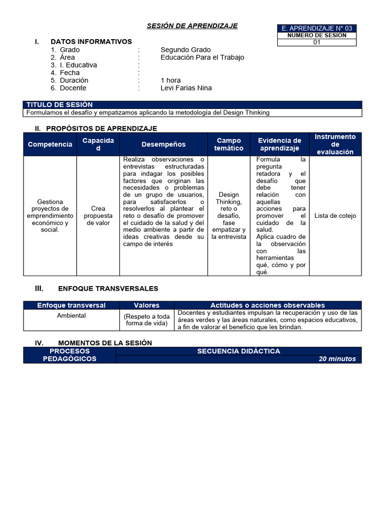 Sesión Aprendizaje 01 1° 2° Iii Exp Apr | Descargar gratis PDF | Aprendizaje | Evaluación
