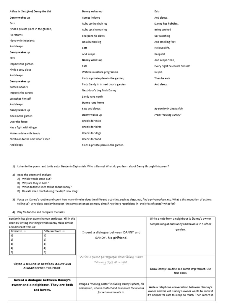 A Day in The Life of Danny The Cat Poem & Worksheet | PDF | Cats