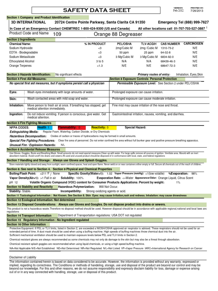 3D Orange 88 Degreaser | PDF | Physical Chemistry | Materials