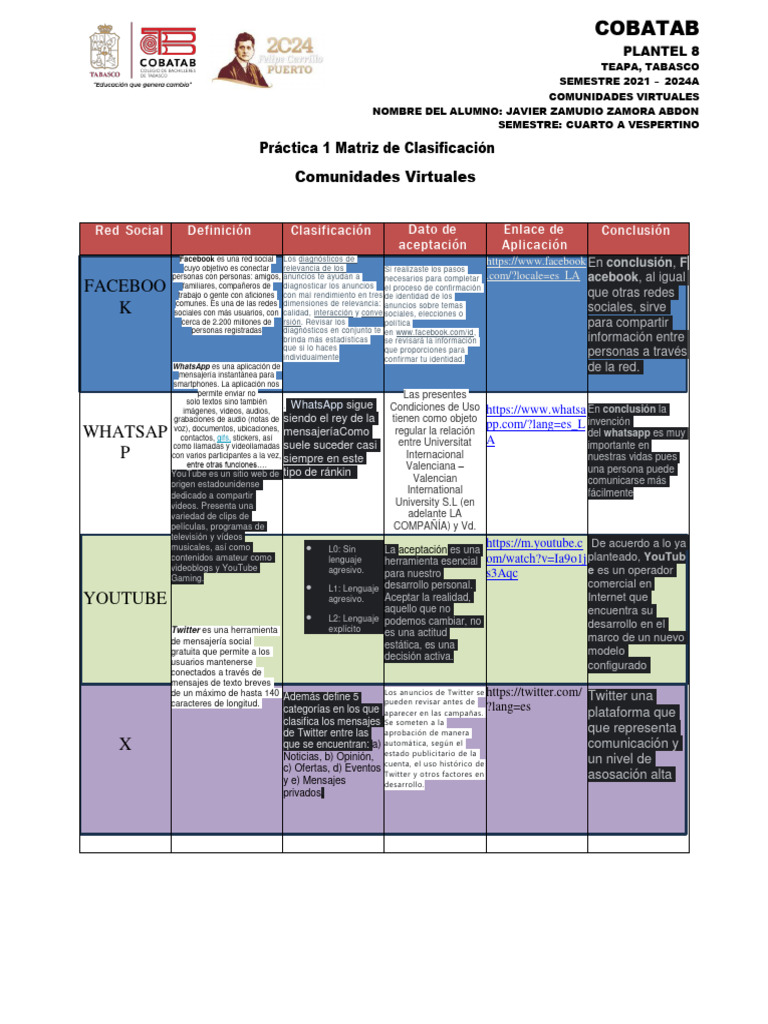 Pr-Ctica 1 Opci-N A Matriz de Clasificaci-N. Martin 4b | PDF | Facebook | Youtube