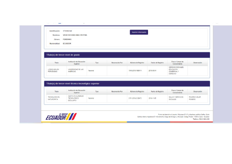 Senescyt - Registro de Titulación | PDF