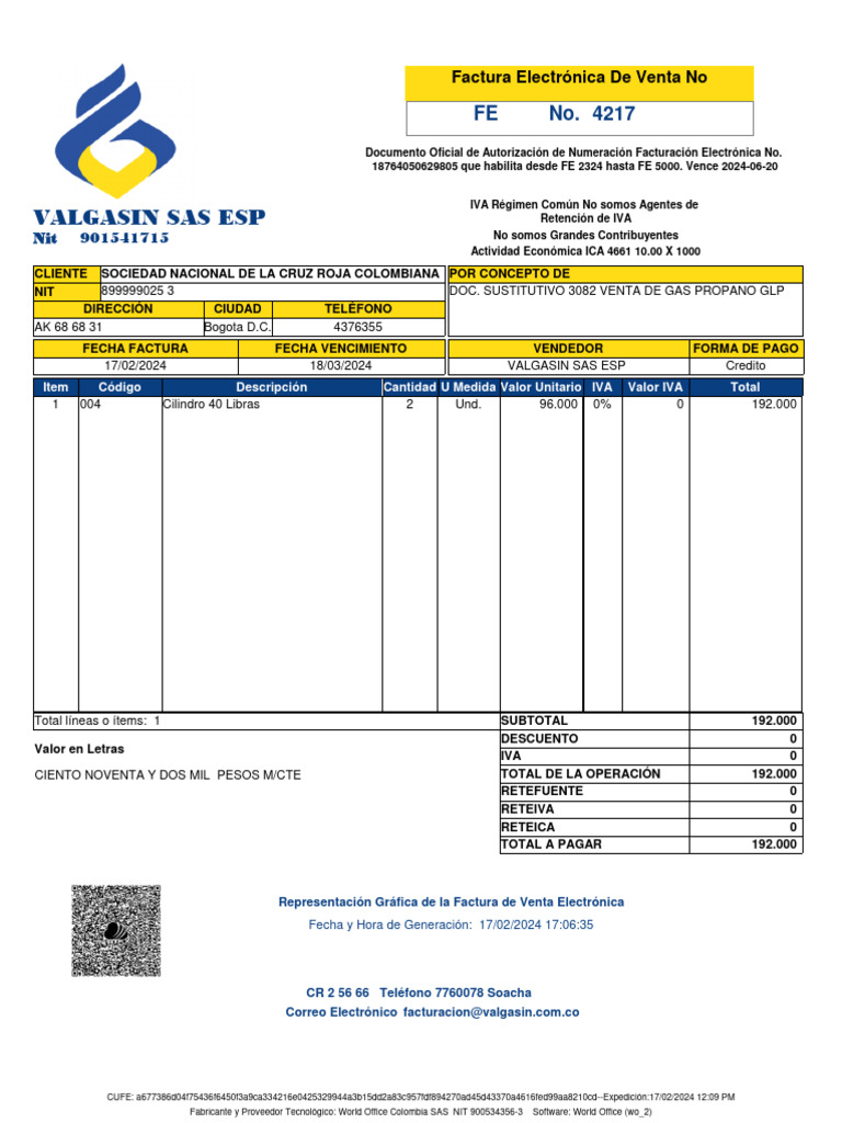 Factura de Venta: Valgasin SAS ESP | PDF | Tecnologías de la ...