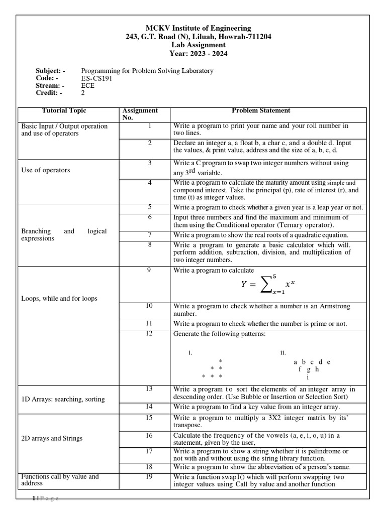 Handout - ES-CS291 PPS Lab | PDF | Matrix (Mathematics) | Numbers