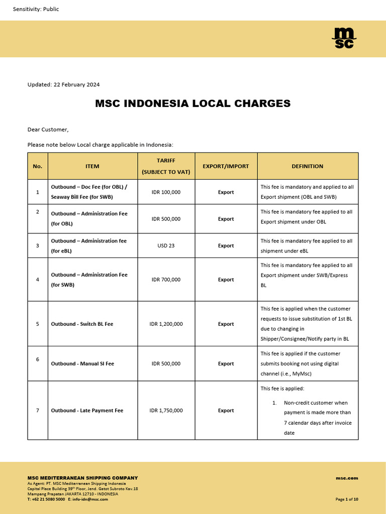 MSC Indonesia Local Charges 2024 | PDF | Fee | Indonesian Rupiah