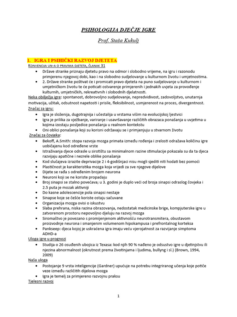 Psihologija Djecje Igre Skripta, Ufzg RPOO - PT.izv | PDF