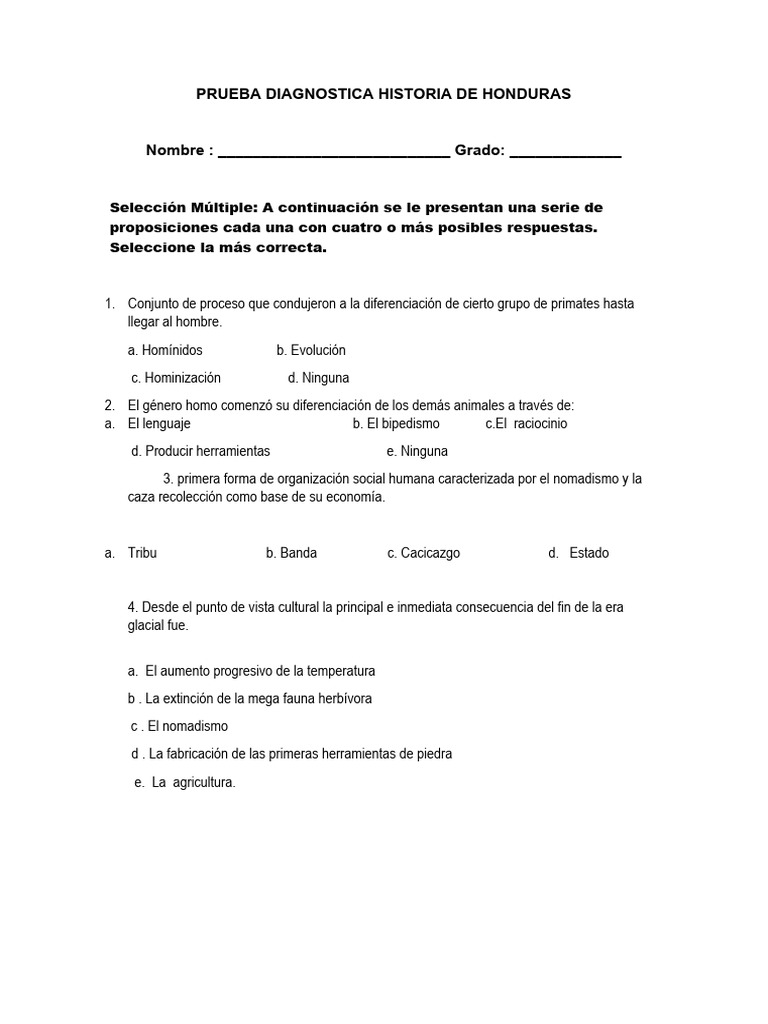 Prueba Diagnóstica Historia Honduras | PDF | Método científico ...