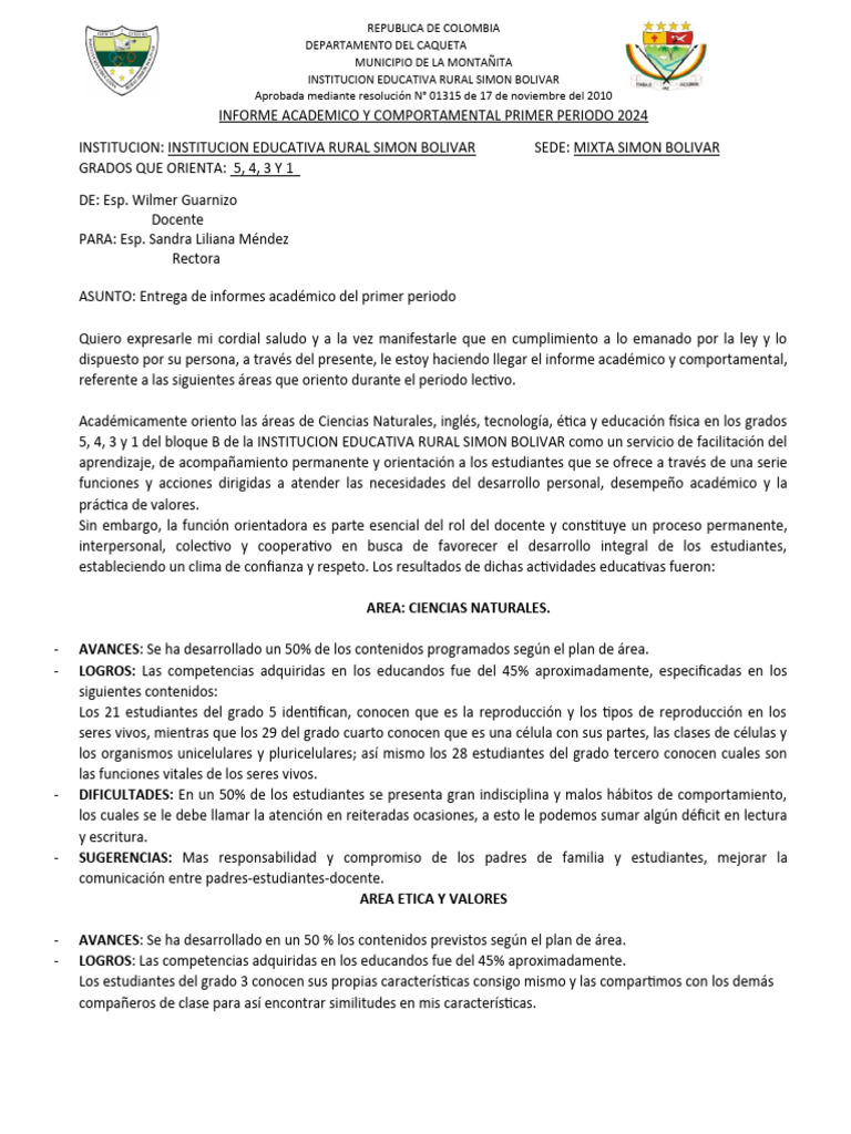 Informe Academico y Comportamental Primer Periodo 2024 | PDF