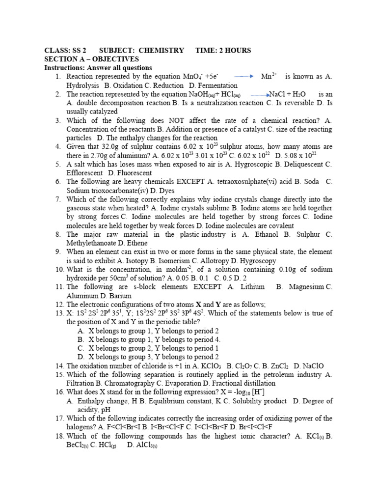 Hadassah Chemistry SS2 Question | PDF | Chemical Reactions | Catalysis
