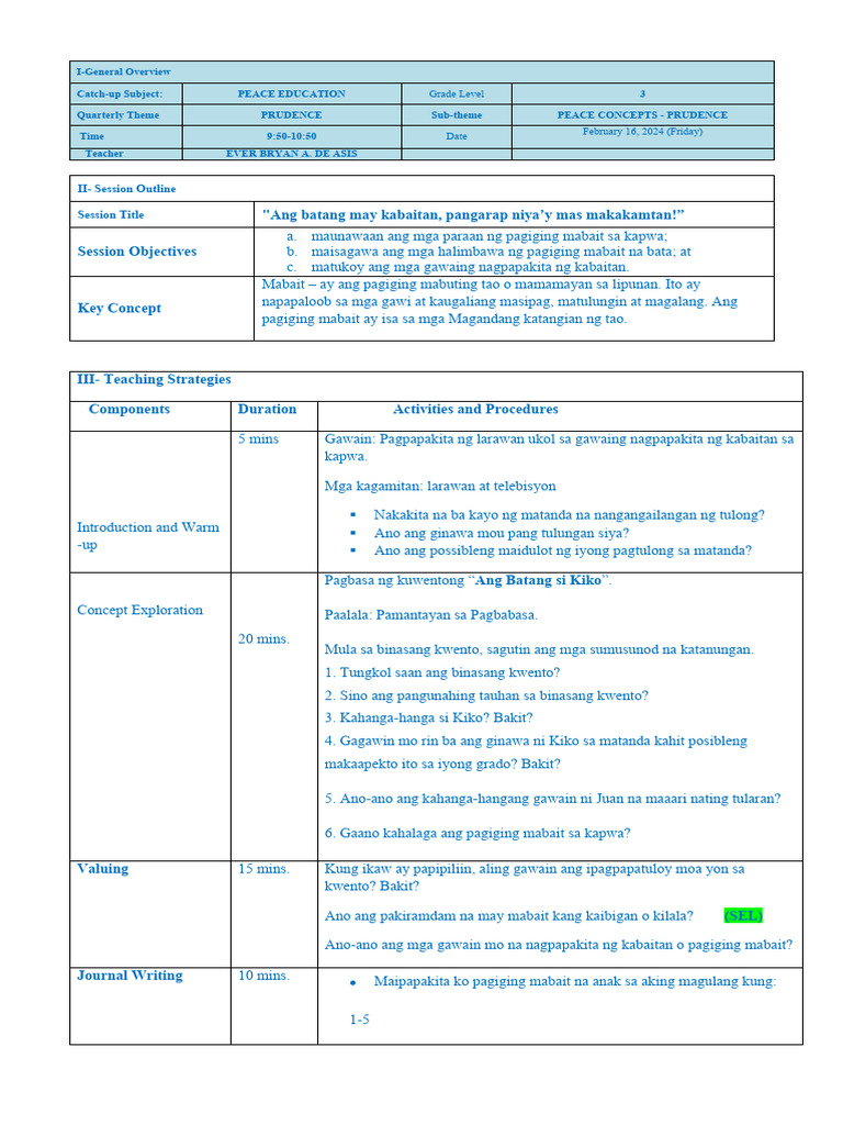 CATCH UP FRIDAY AP - PEACE EDUCATION - PRUDENCE Week 4 | PDF