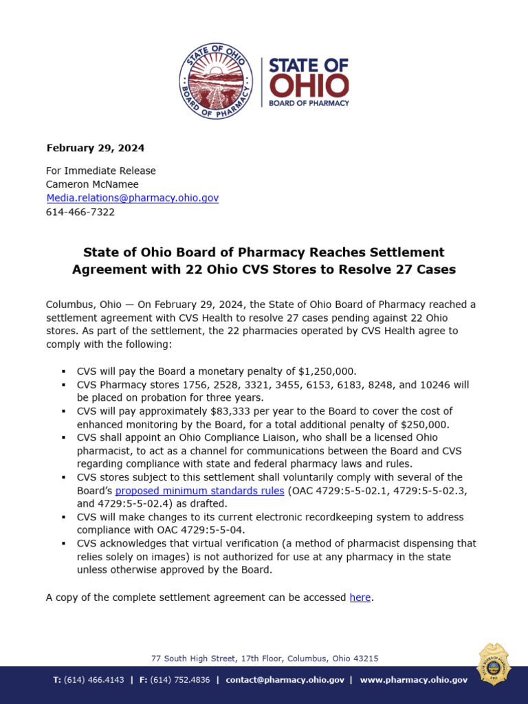 State of Ohio Board of Pharmacy Reaches Settlement | PDF | Pharmacy ...