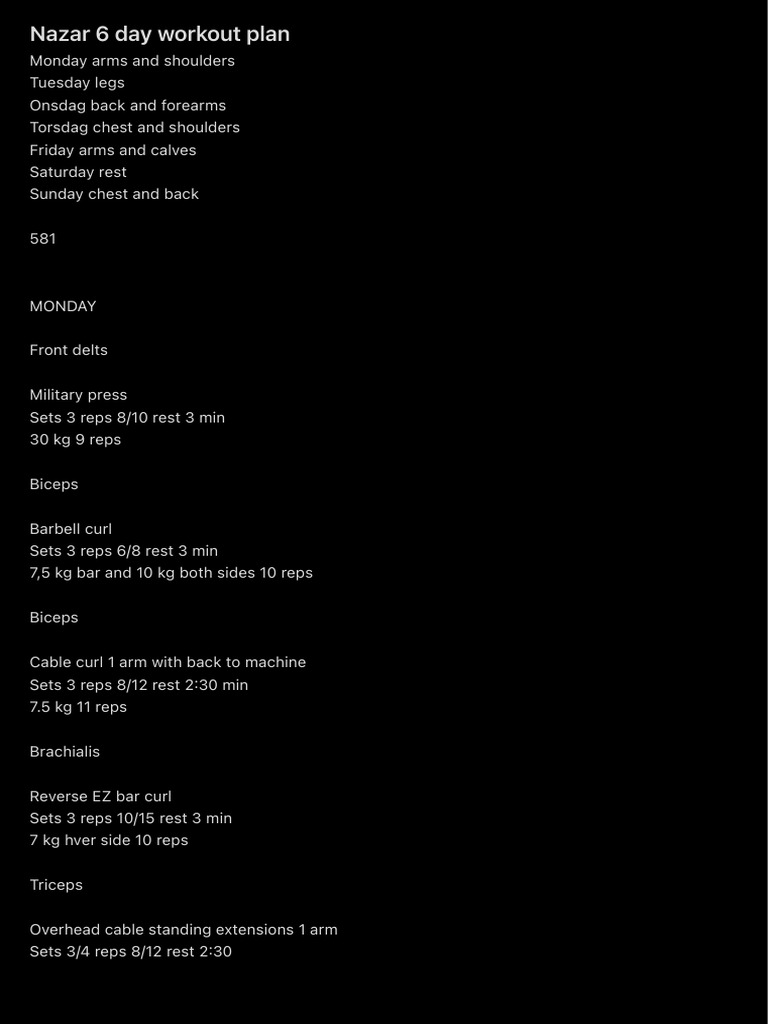 6 Day Workout Plan | PDF | Arm | Musculoskeletal System