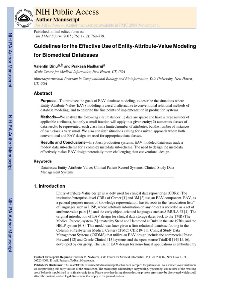 Guidelines For The Effective Use of Entity-Attribute-Value Modeling For Biomedical Databases ...