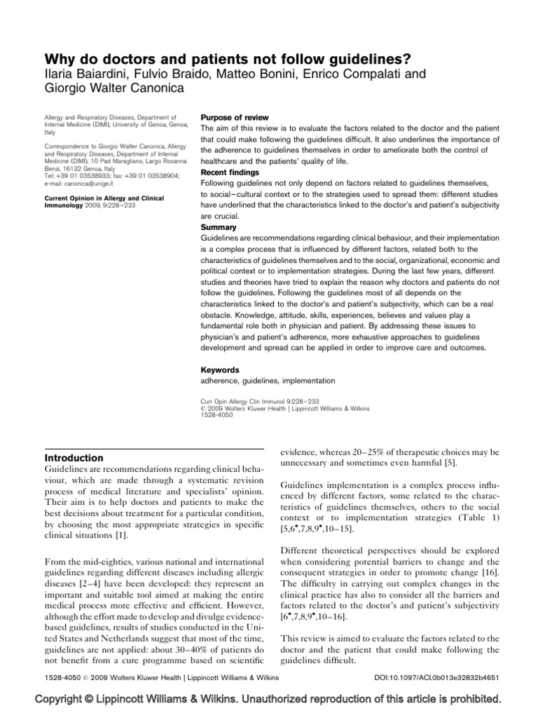 Why Do Doctors and Patients Not Follow Guidelines - 2009 | PDF ...