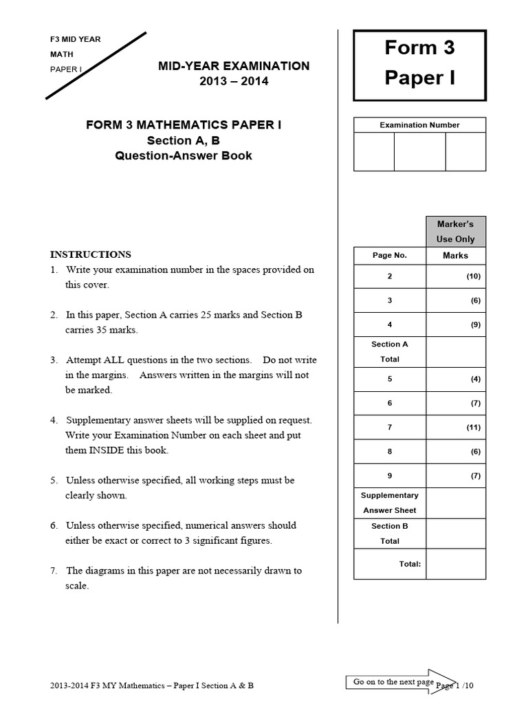 La Salle 2013-2014 Mid Year Exam F3 Math Paper 1 | PDF | Taxes | Area