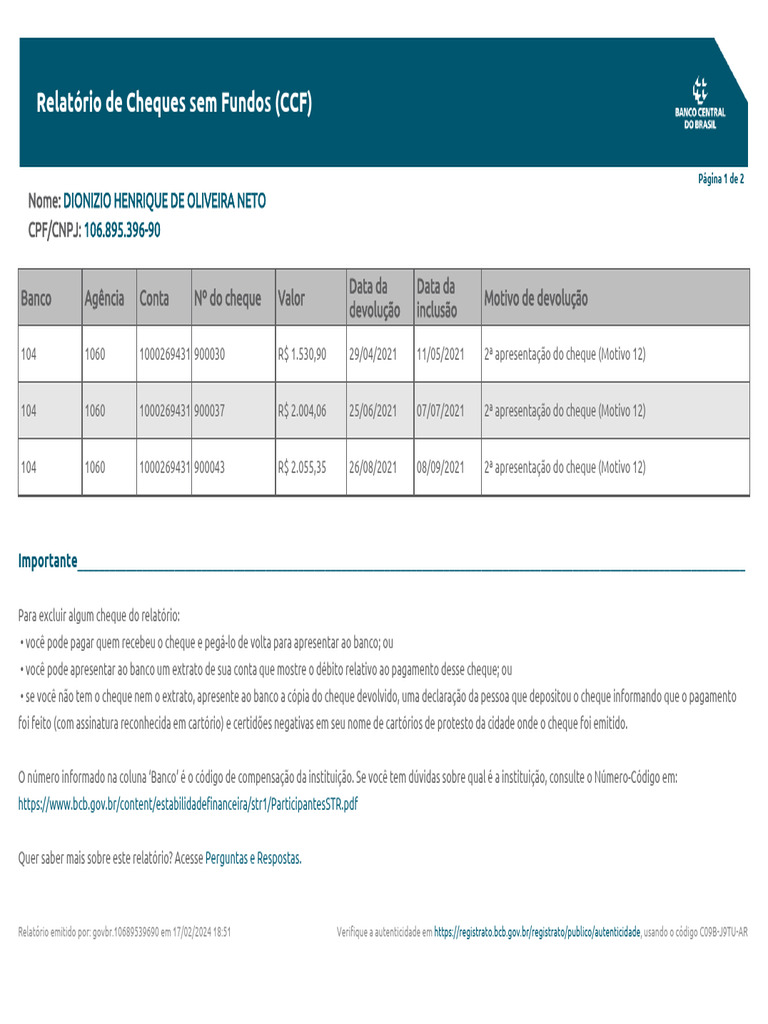 Relatório de Cheques Sem Fundos CCF | PDF | Cheque (banco)