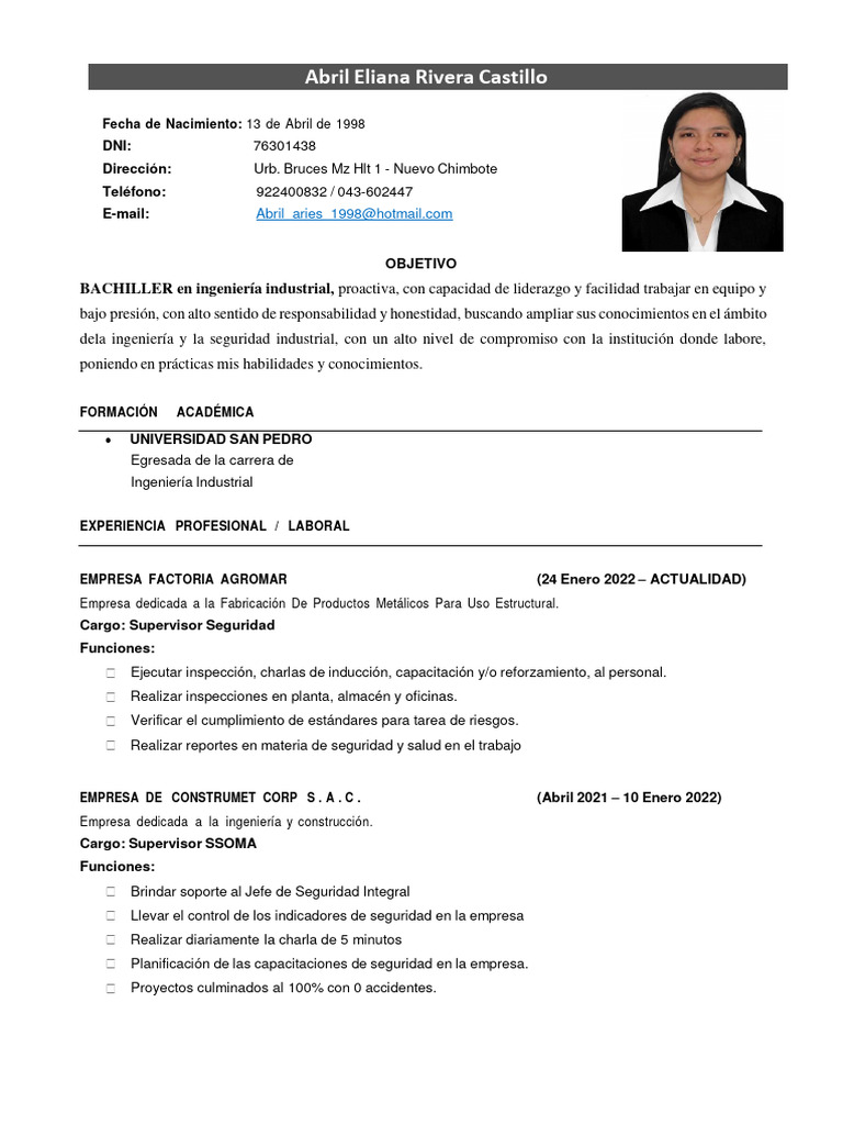 CV Rivera Castillo Abril Bachiller | Descargar gratis PDF | Business | Informática