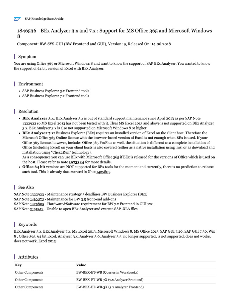 BEx Analyzer 3.x and 7.x Support For MS Office 365 and Microsoft Windows | PDF