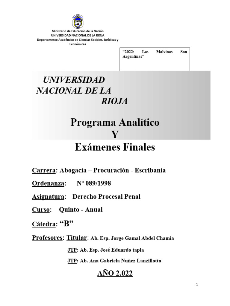 PROGRAMA Der. Proc. Penal - CATEDRA B 2.022 - Prof. J. Gamal Chamía | PDF | Procedimiento ...