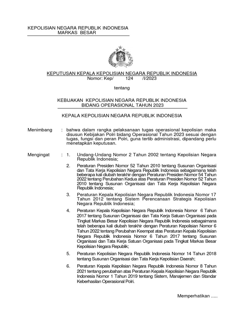 Kebijakan Polri Bidang Operasional Tahun 2023 TTD Kapolri | PDF