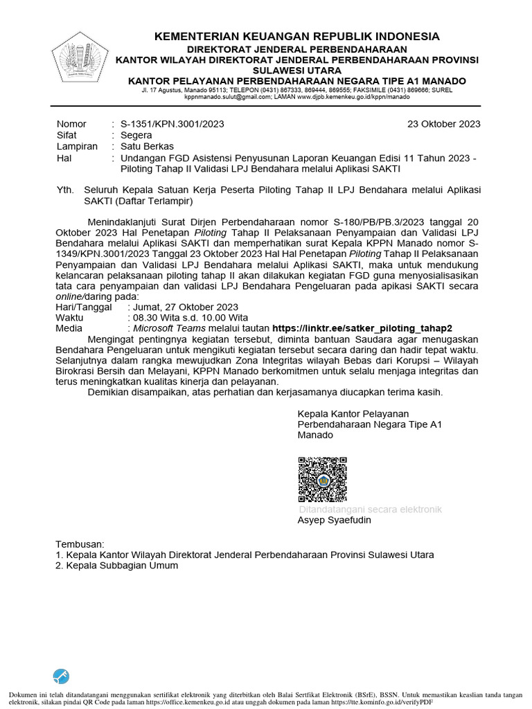 Surat KPPN Manado Undangan FGD Piloting Tahap II Validasi LPJ Bendahara ...