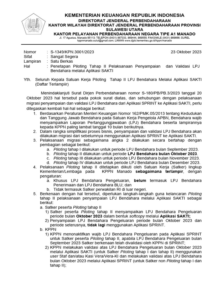 Surat Kepala KPPN Manado Penetapan Piloting Tahap II Pelaksanaan ...