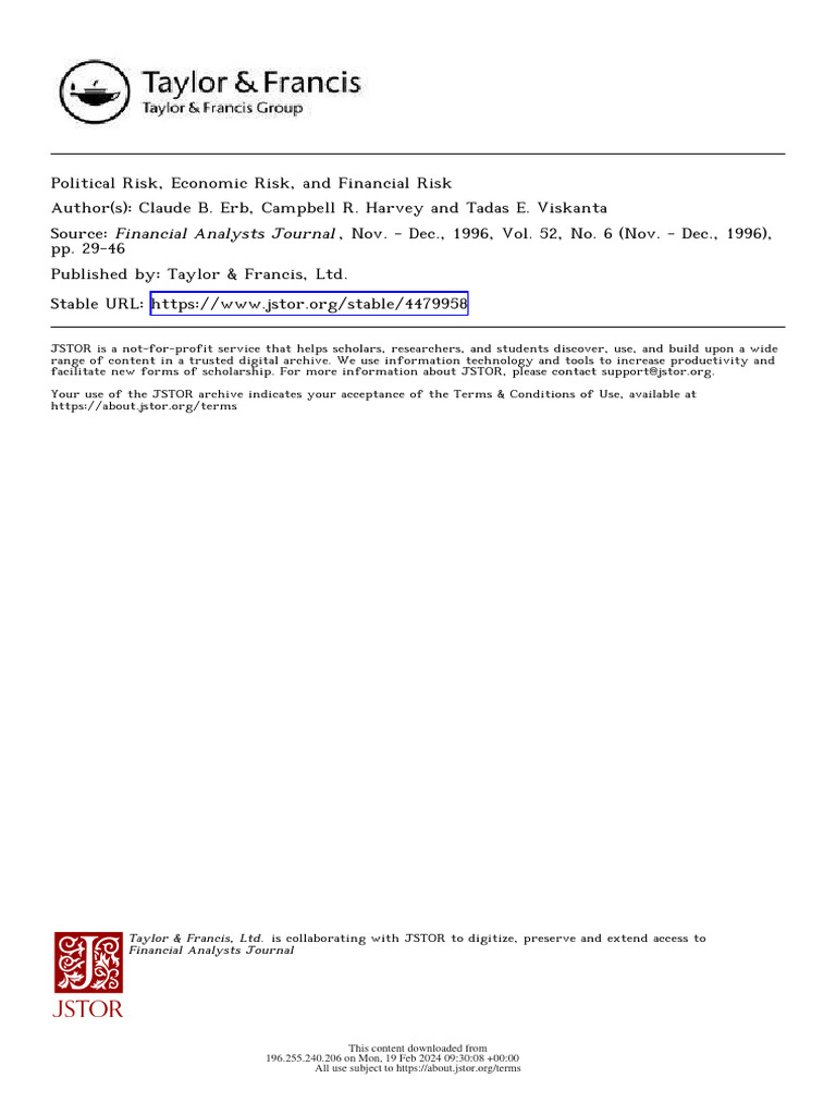 Erb PoliticalRiskEconomic 1996 | PDF | Beta (Finance) | Risk