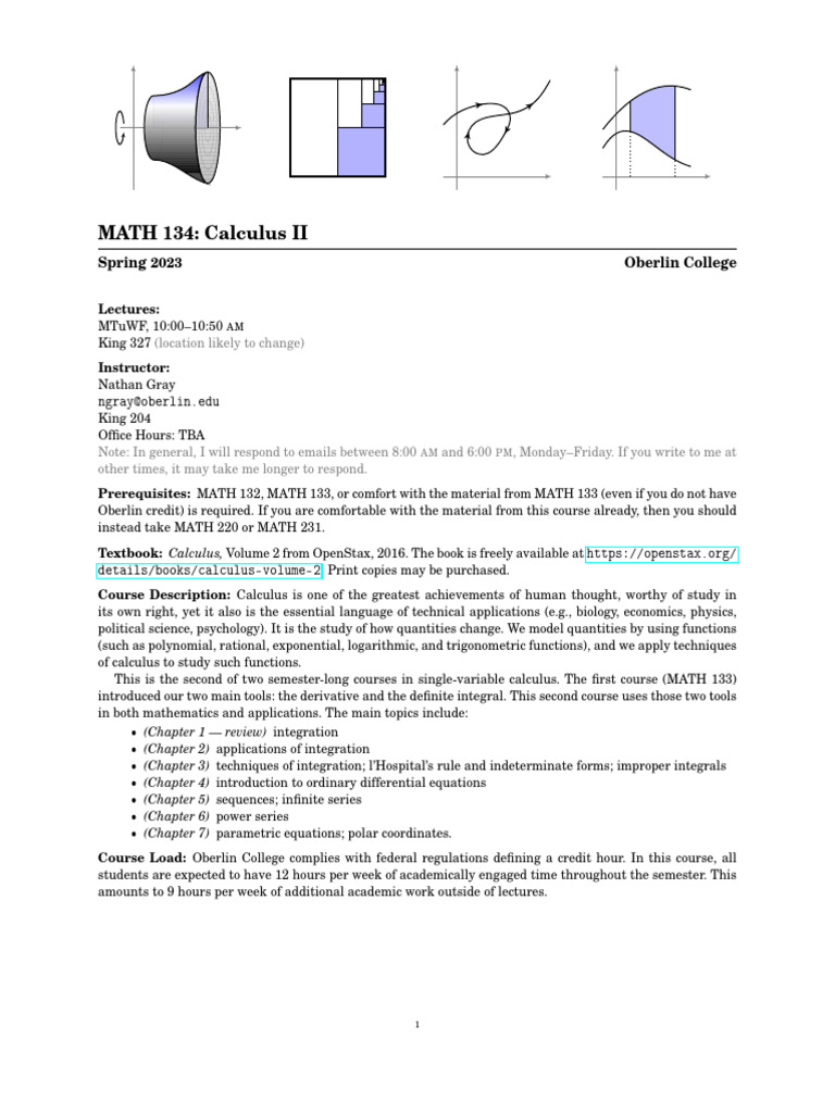 MATH134 Sp2023 Syllabus | PDF | Mathematics | Integral